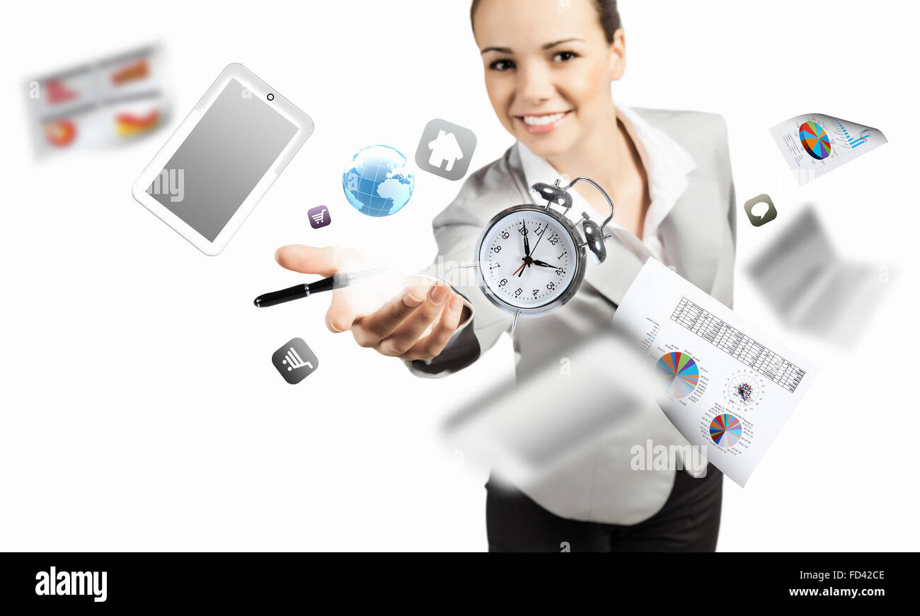 Businesswoman, secretary throwing devices. Office life concept Stock ...