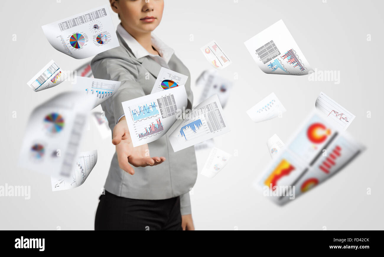 Businesswoman, secretary throwing paper documents. Office life concept ...