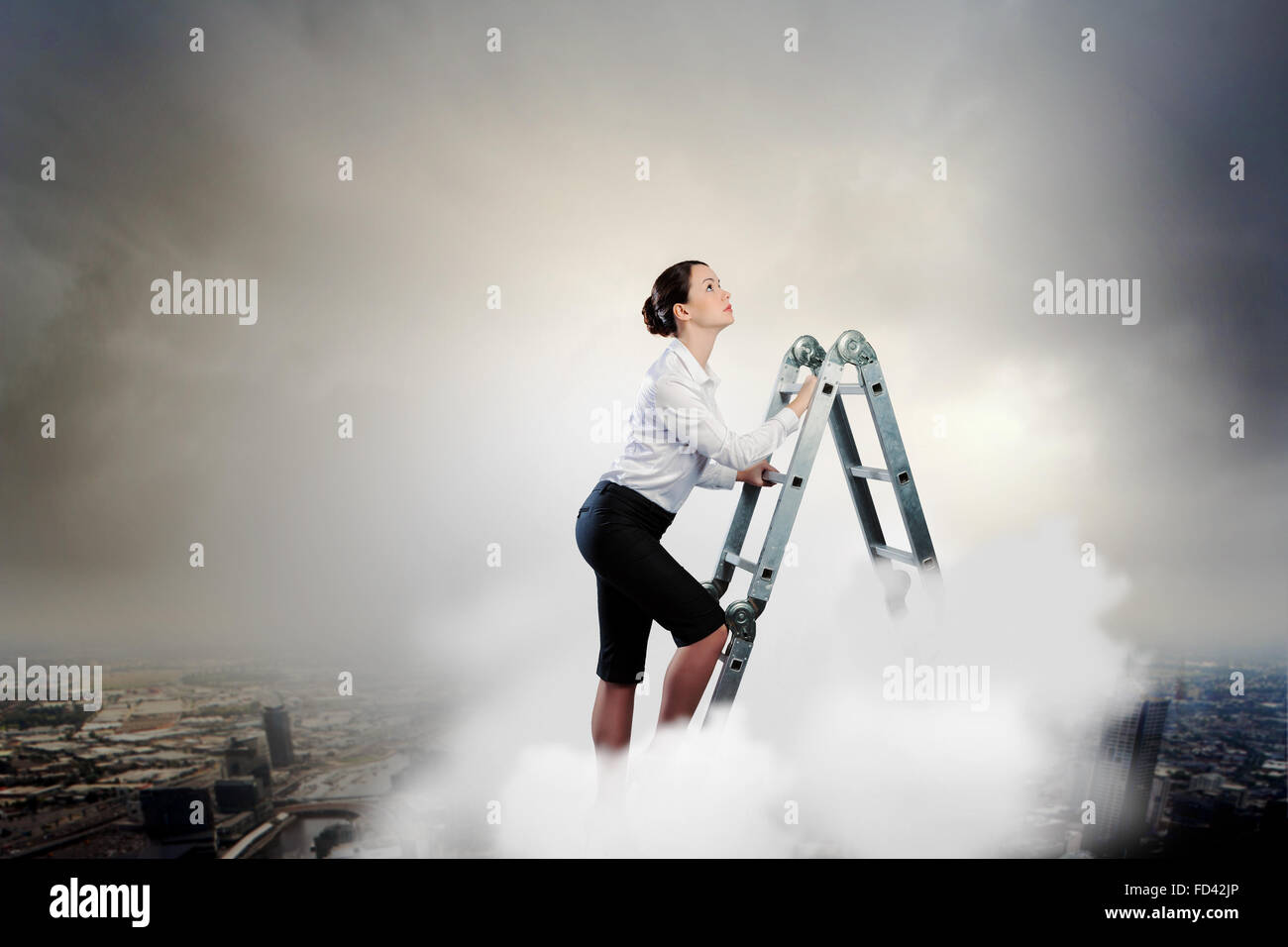 Image of young ambitious businesswoman climbing ladder. Promotion ...