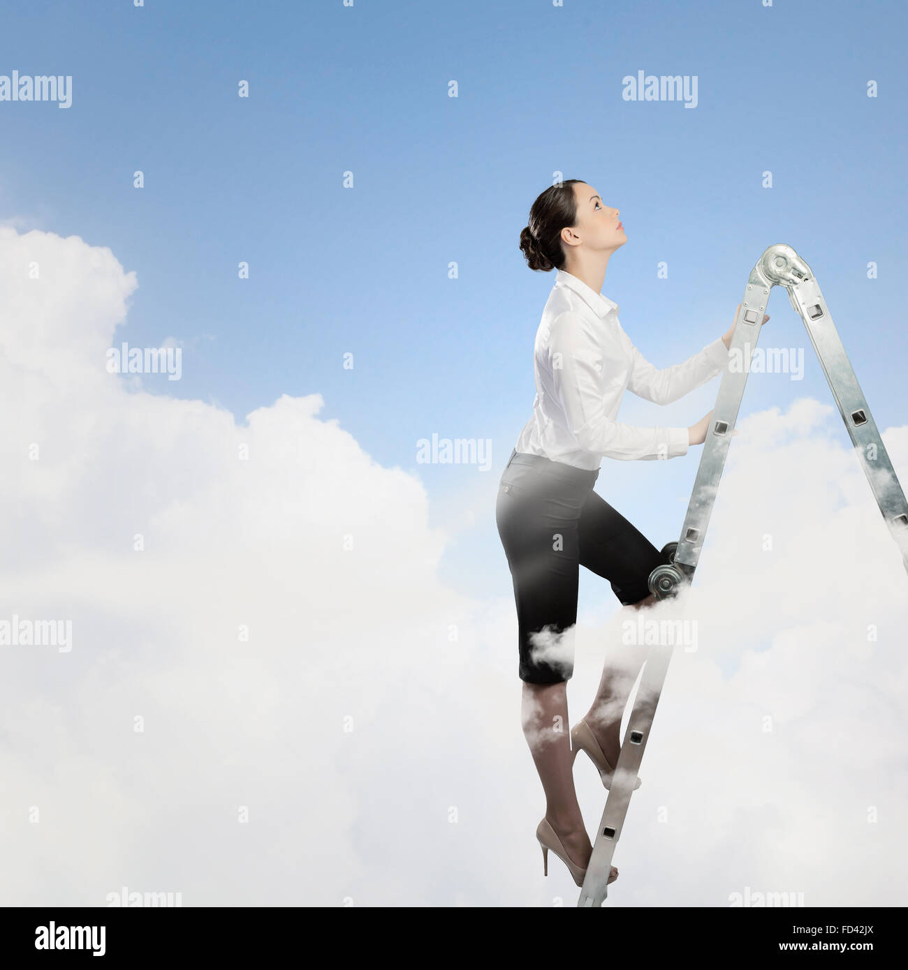 Image of young ambitious businesswoman climbing ladder. Promotion ...