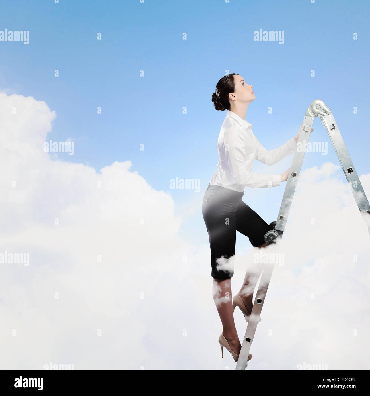 Image of young ambitious businesswoman climbing ladder. Promotion ...