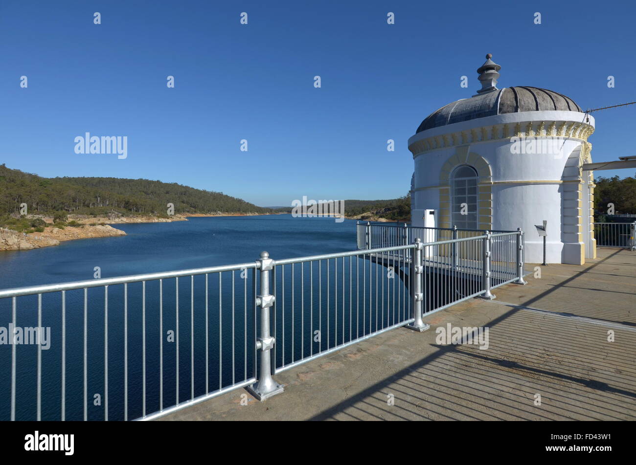 Valve tower and walkway on top of the Mundaring Weir dam, Perth ...