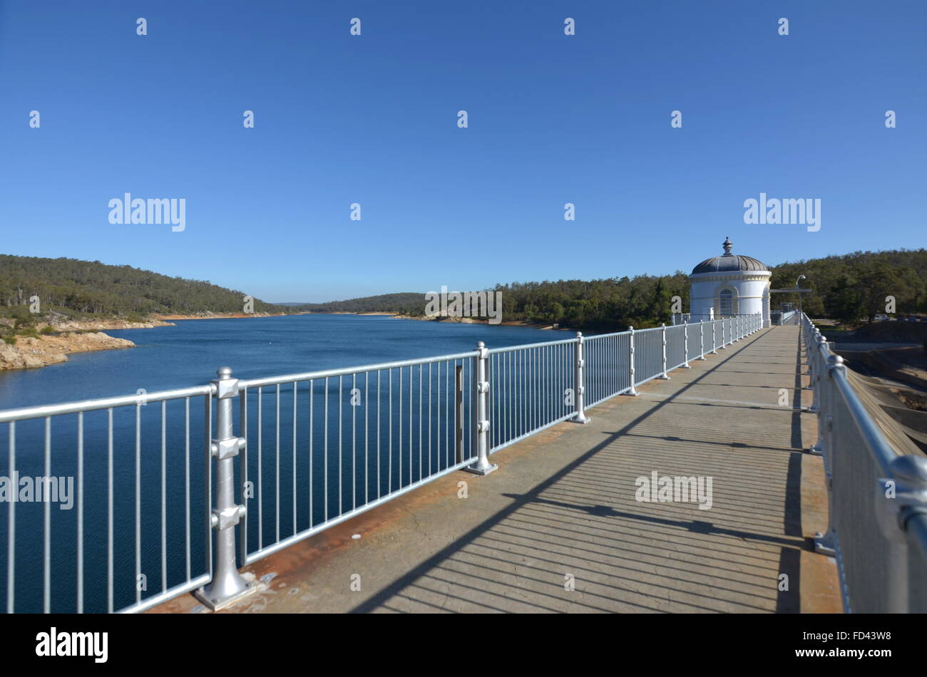 The walkway on top of the Mundaring Weir dam, Perth, Western Australia ...