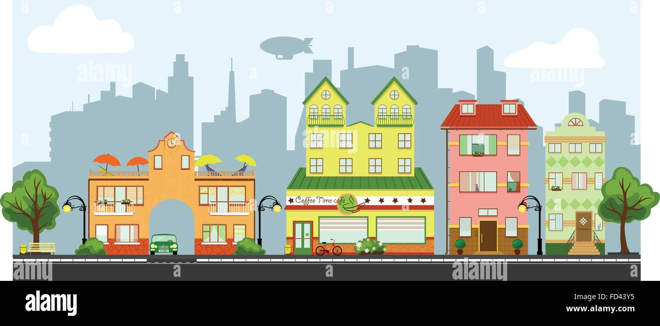 a cute street view with cityscape on a background Stock Vector Image ...