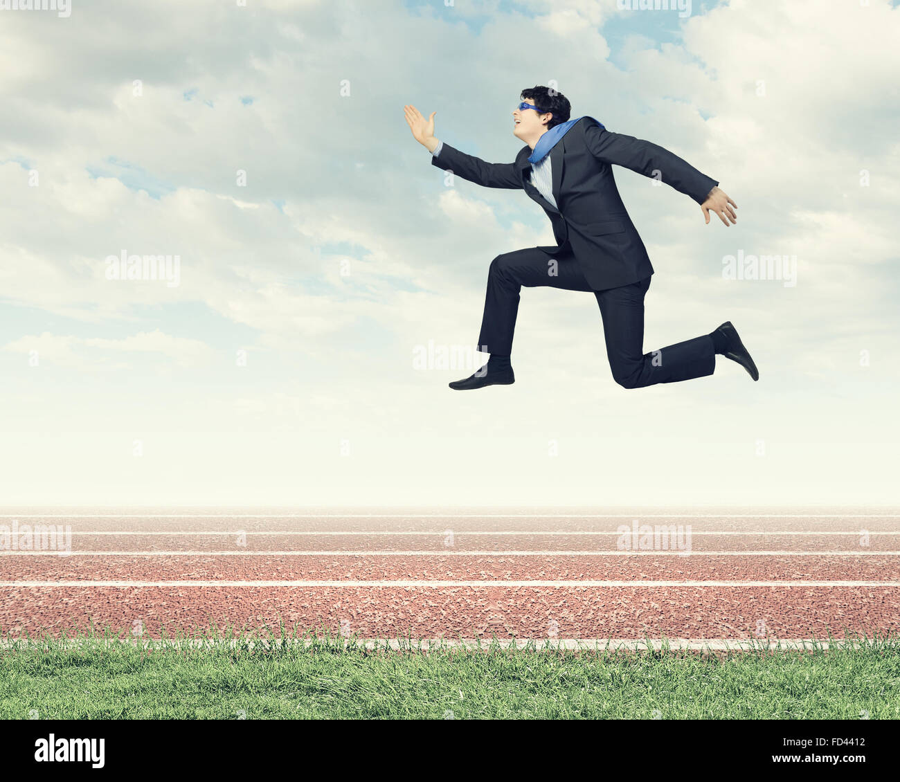Funny image of running businessman at stadium. Competition concept ...