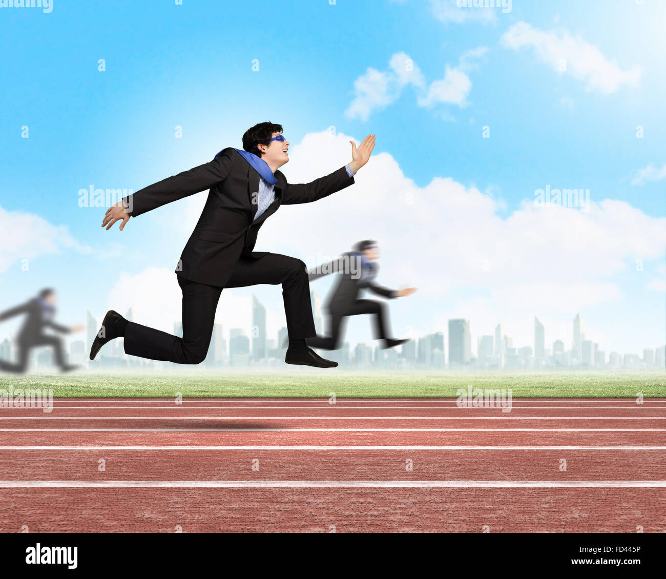 Funny image of running businessman at stadium. Competition concept ...