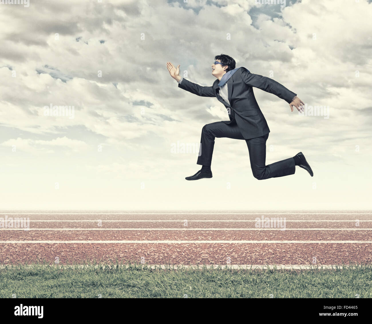 Funny image of running businessman at stadium. Competition concept ...