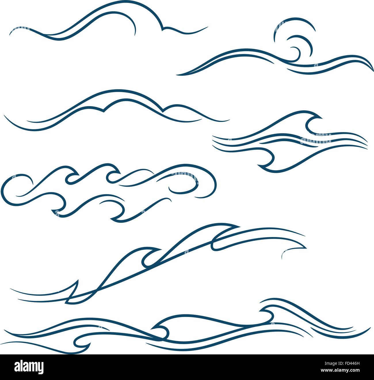 set of different simple stylized pinstripe ocean waves Stock Vector ...