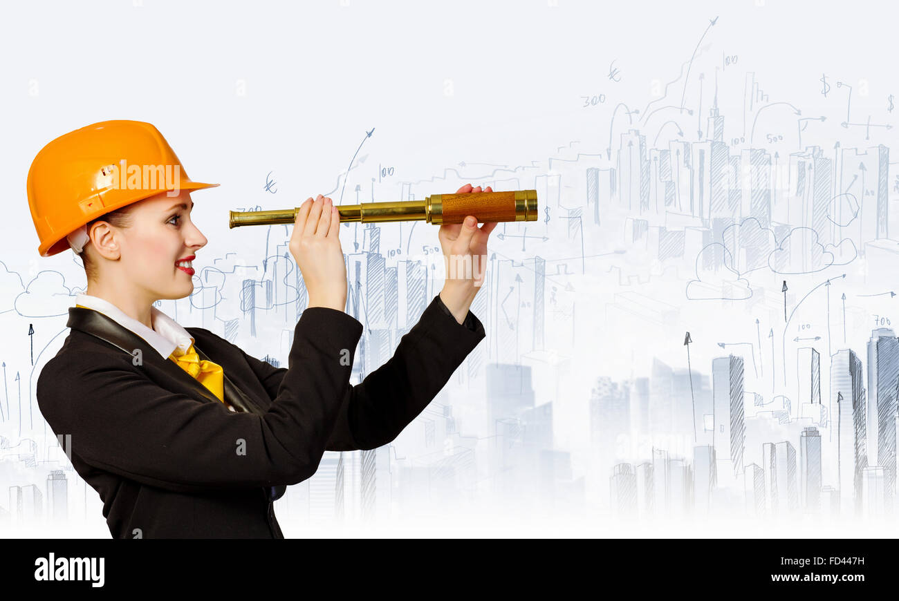 Image of young woman looking into tube. Construction concept Stock ...