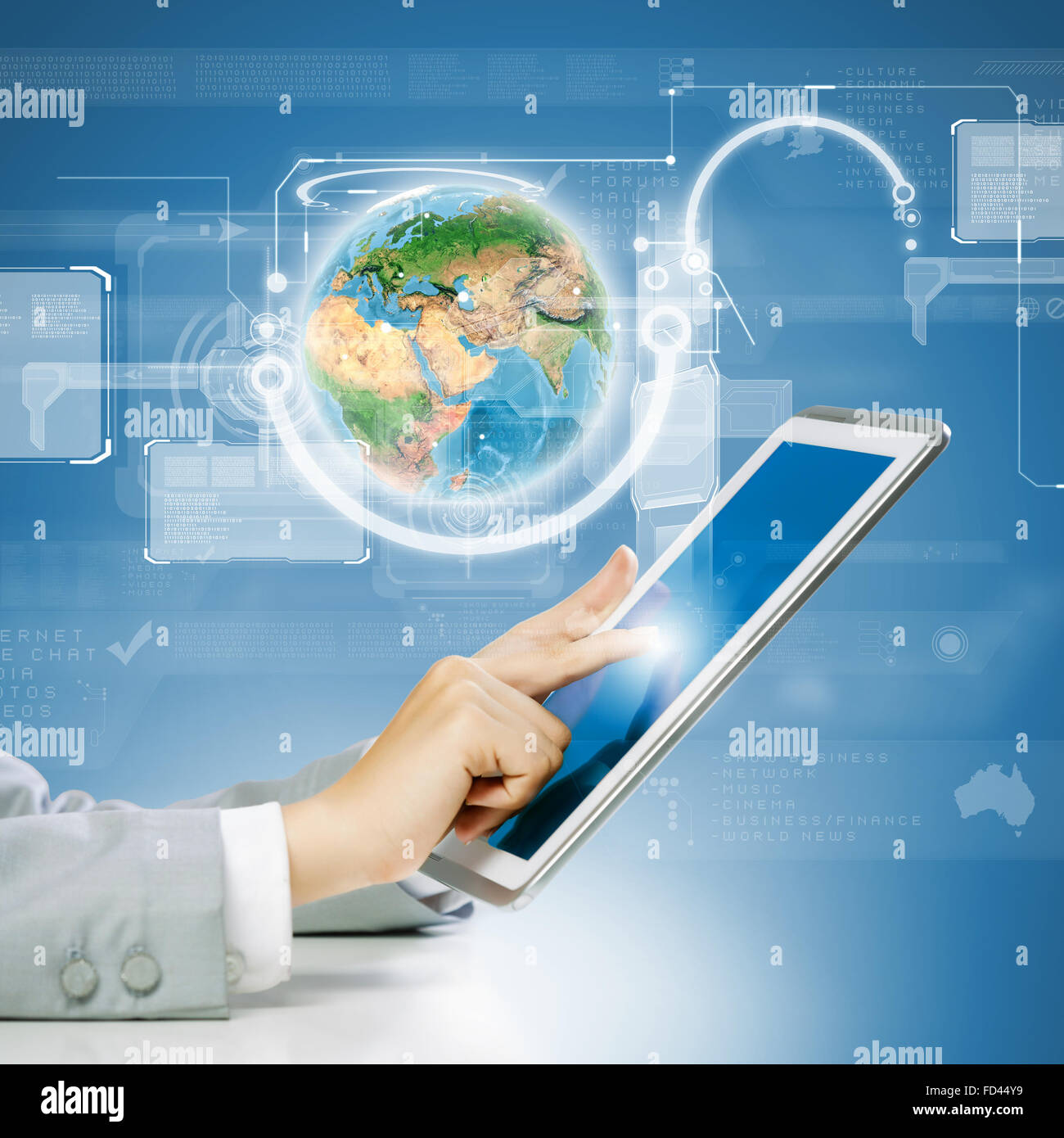 Close up image of human hand touching screen of tablet pc. Elements of ...