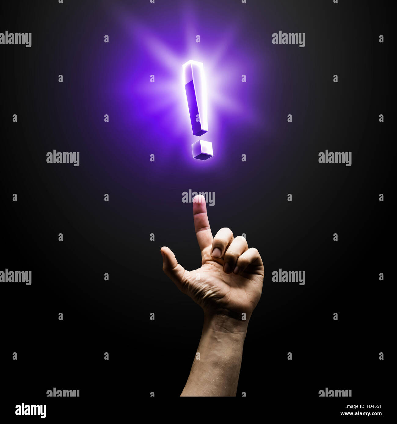 Human hand pointing with finger at exclamation sign Stock Photo - Alamy