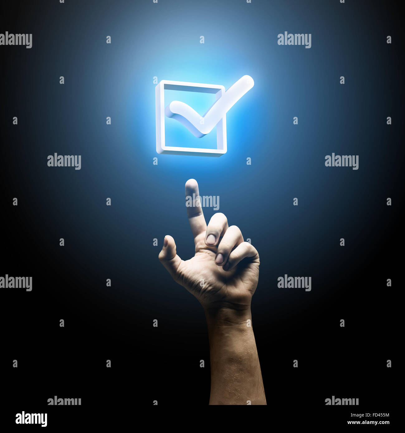 Human hand pointing with finger at tick Stock Photo - Alamy