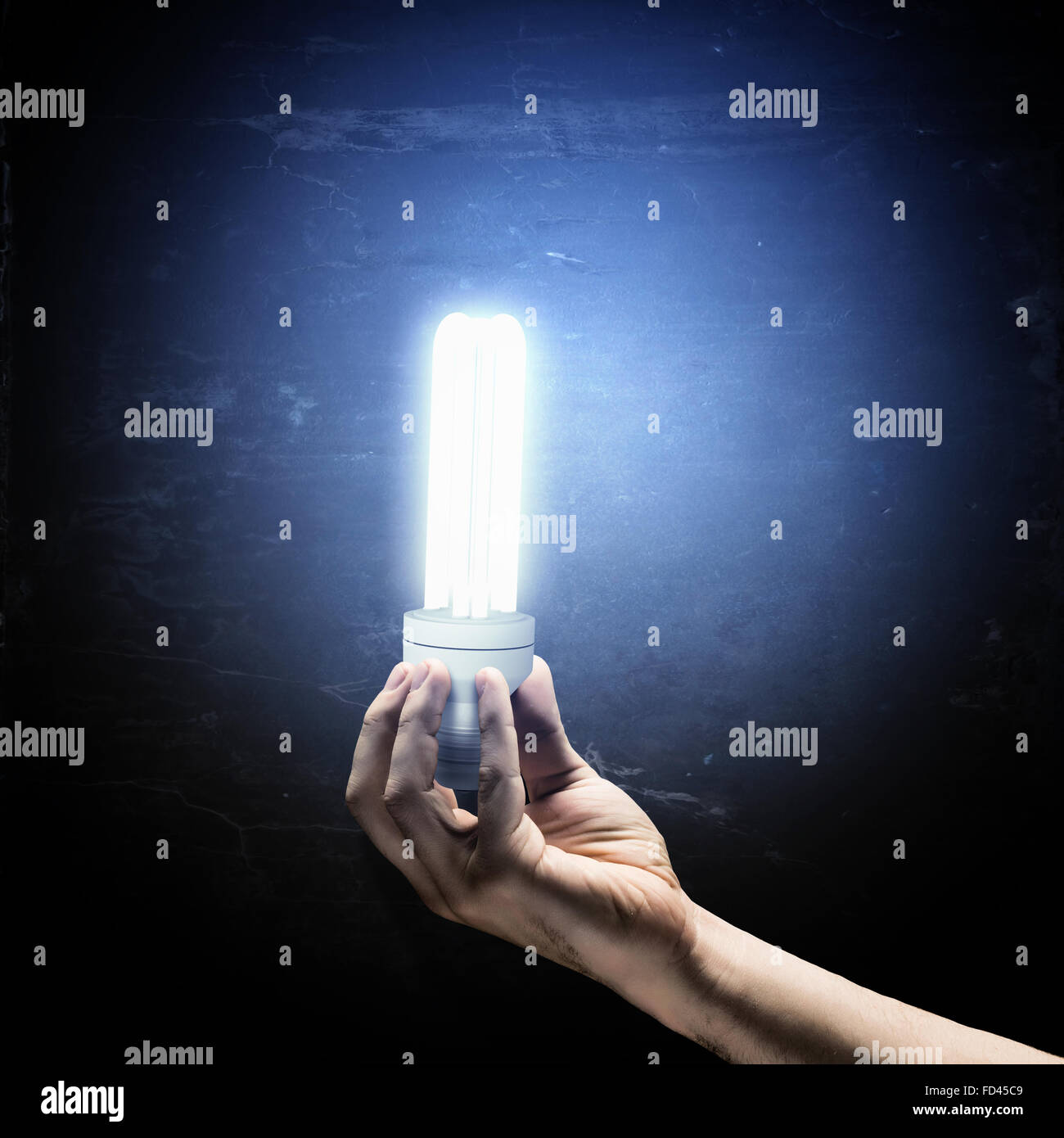 Close up image of human hand holding electrical bulb in darkness Stock ...