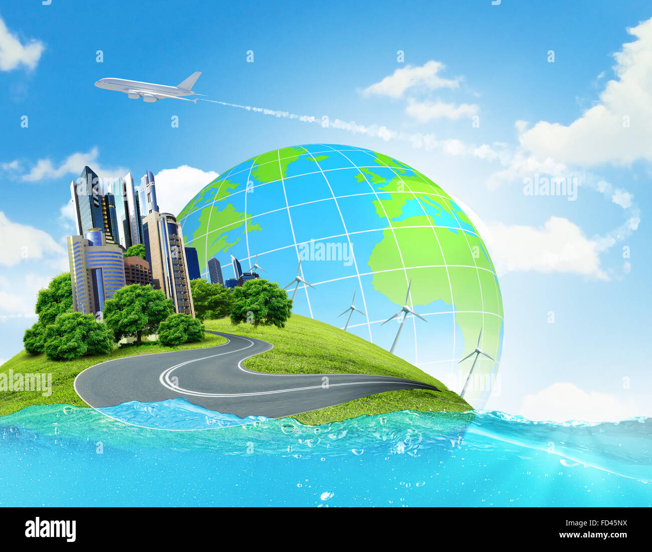 City on island floating in water. Global warming Stock Photo - Alamy