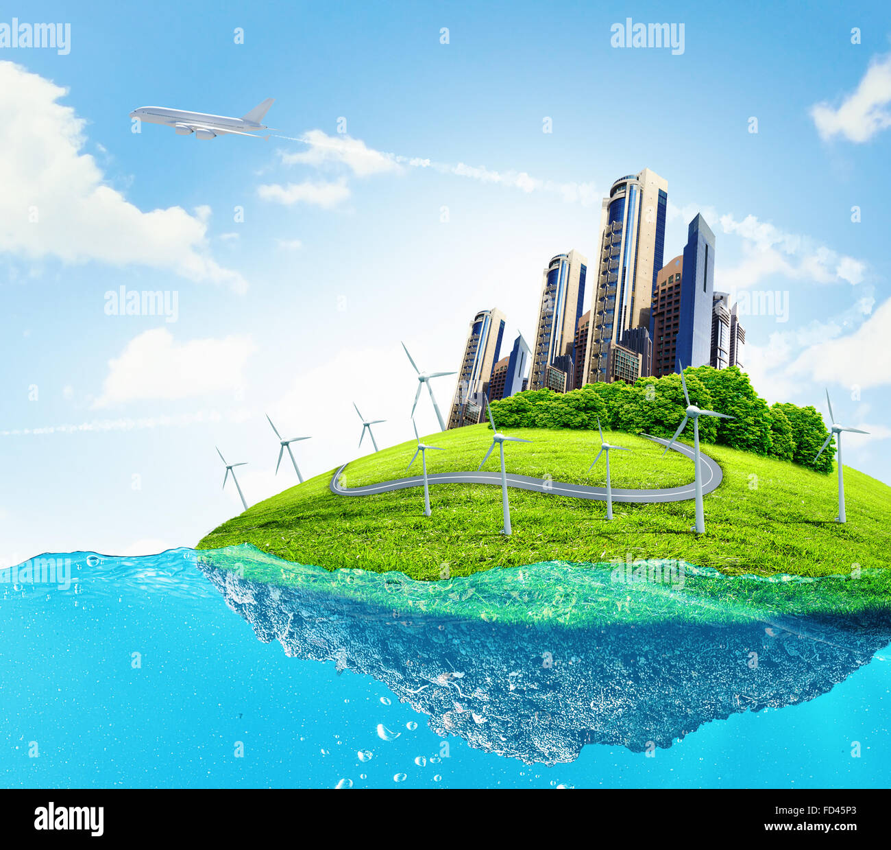City on island floating in water. Global warming Stock Photo - Alamy