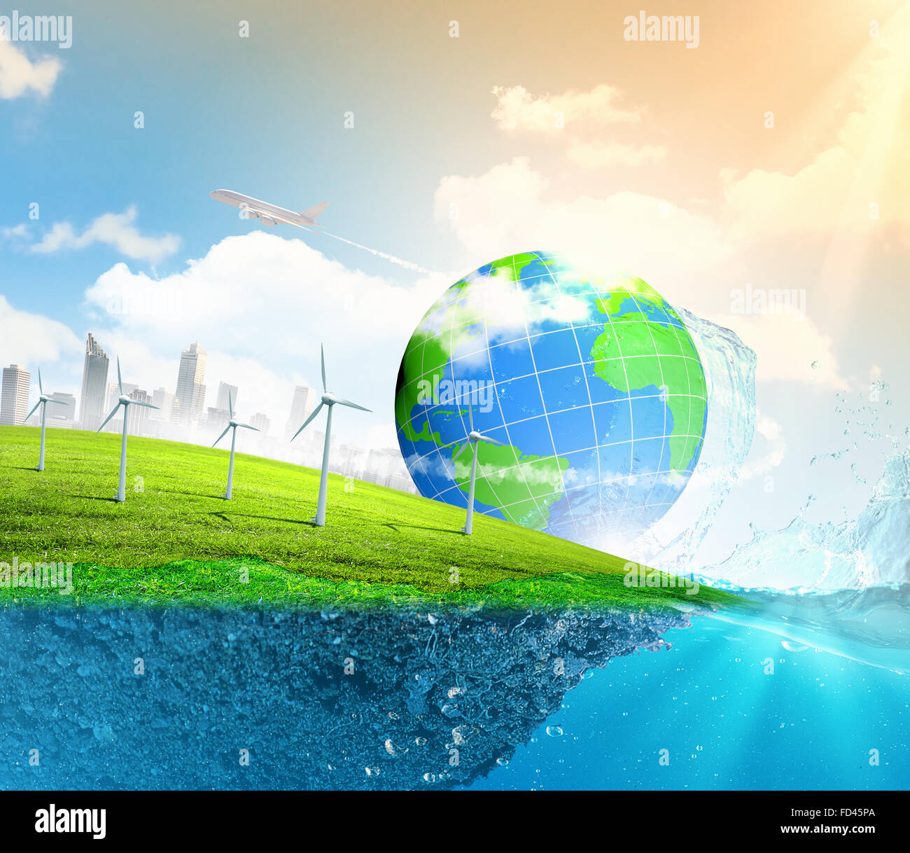 City on island floating in water. Global warming Stock Photo - Alamy