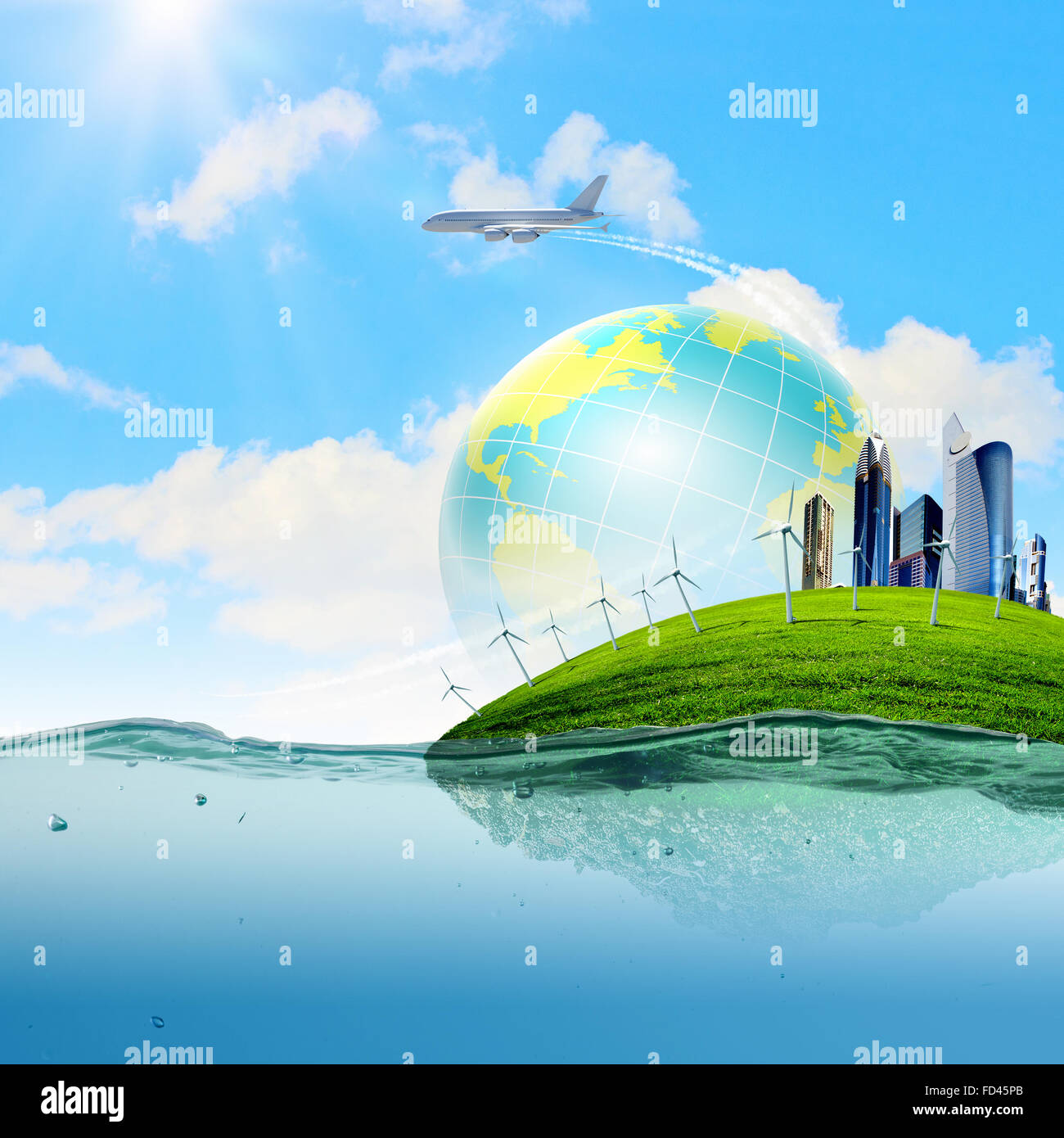 City on island floating in water. Global warming Stock Photo - Alamy
