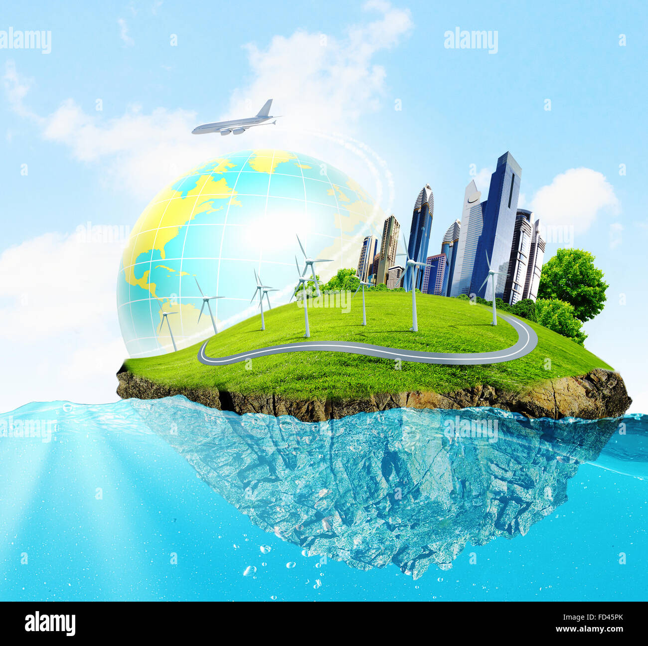 City on island floating in water. Global warming Stock Photo - Alamy