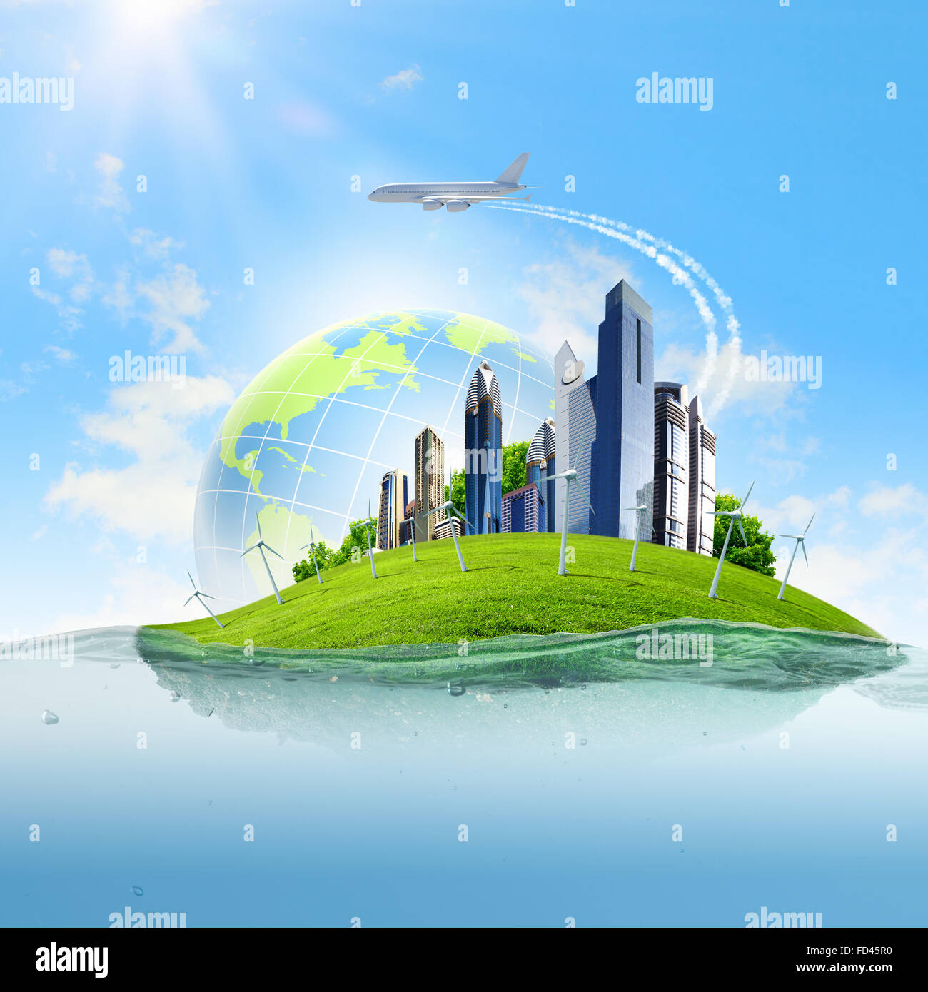City on island floating in water. Global warming Stock Photo - Alamy