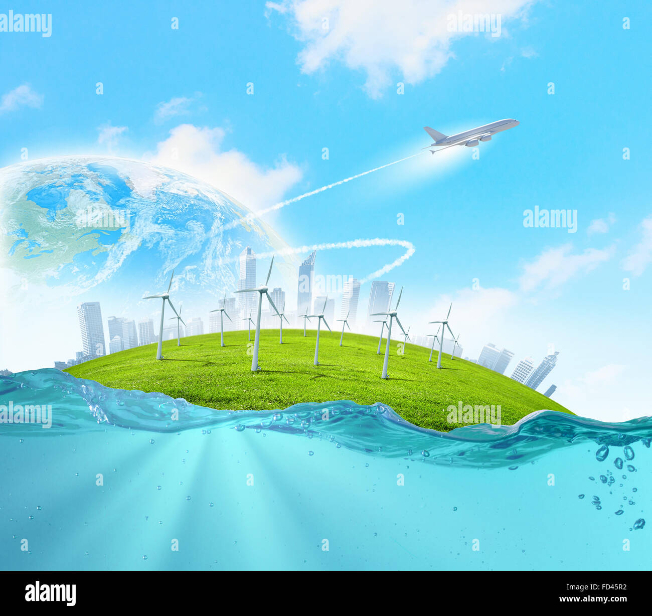 City on island floating in water. Global warming. Elements of this ...