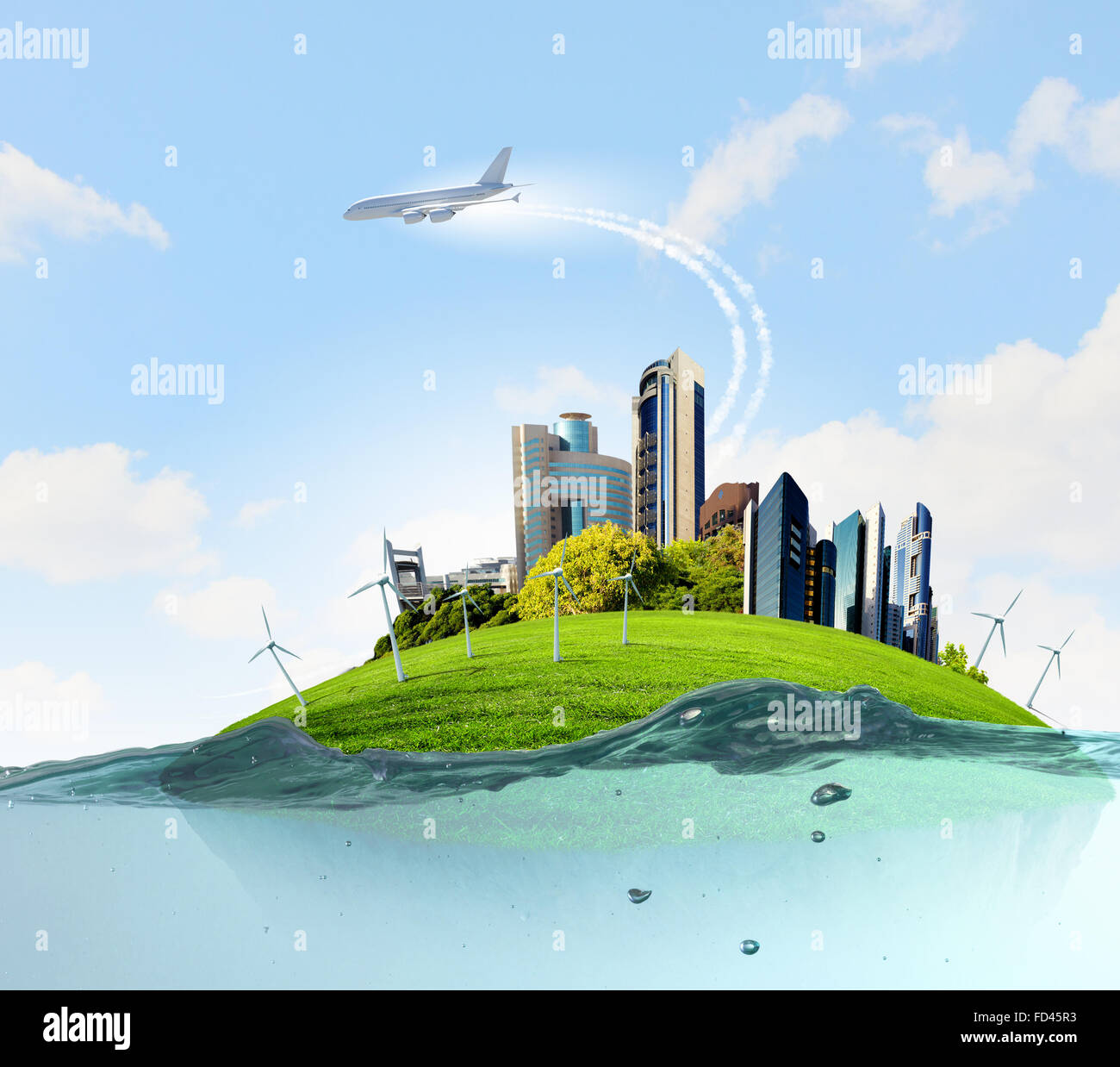 City on island floating in water. Global warming Stock Photo - Alamy