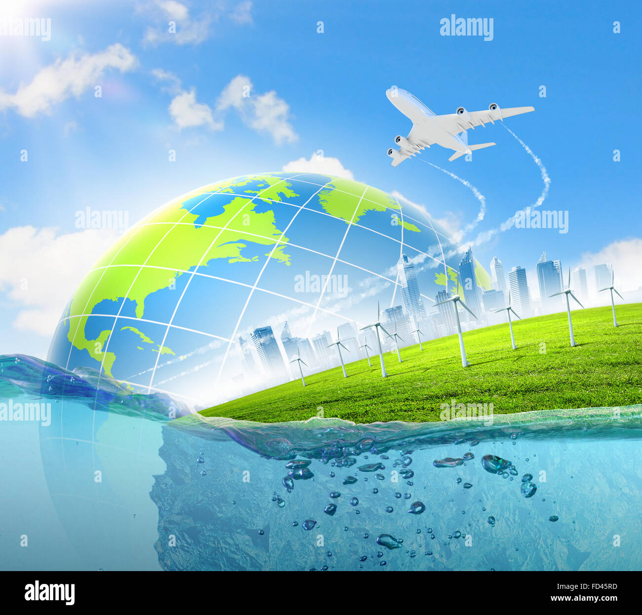 City on island floating in water. Global warming Stock Photo - Alamy