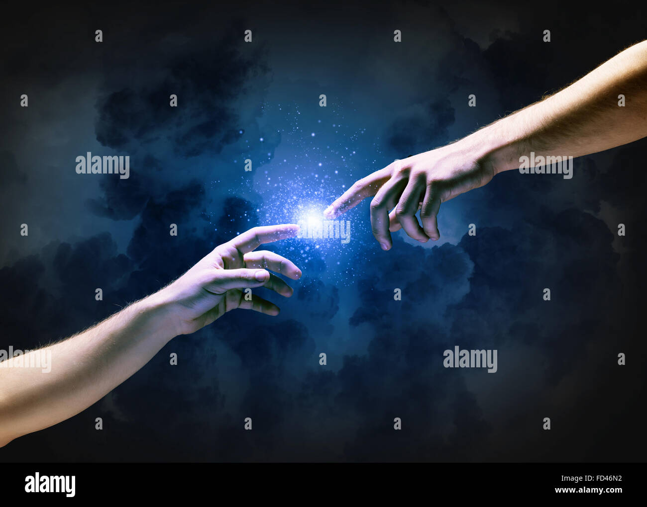 Michelangelo God's touch. Close up of human hands touching with fingers ...