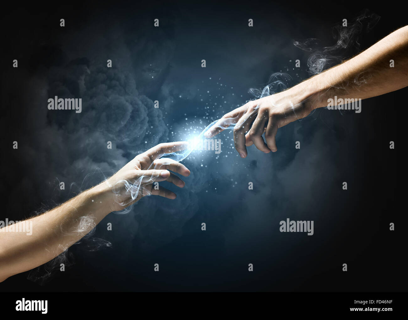 Michelangelo God's touch. Close up of human hands touching with fingers ...