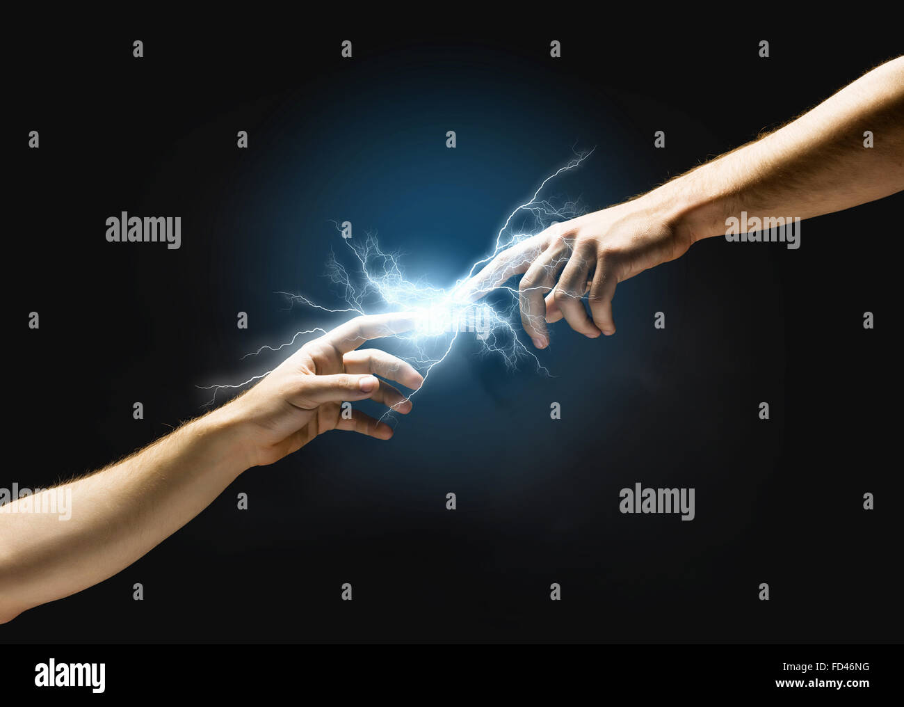 Michelangelo God's touch. Close up of human hands touching with fingers ...