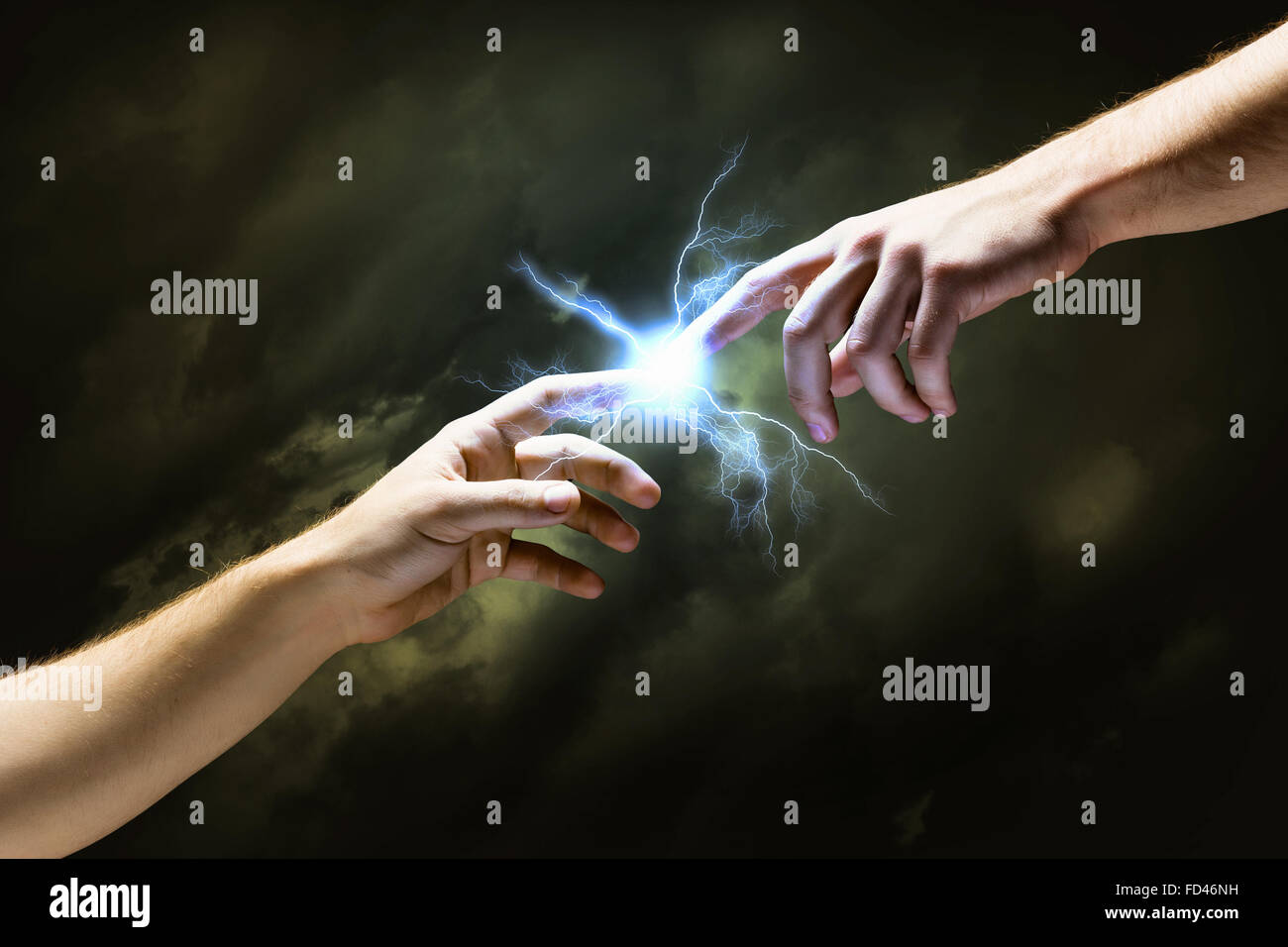 Michelangelo God's touch. Close up of human hands touching with fingers ...