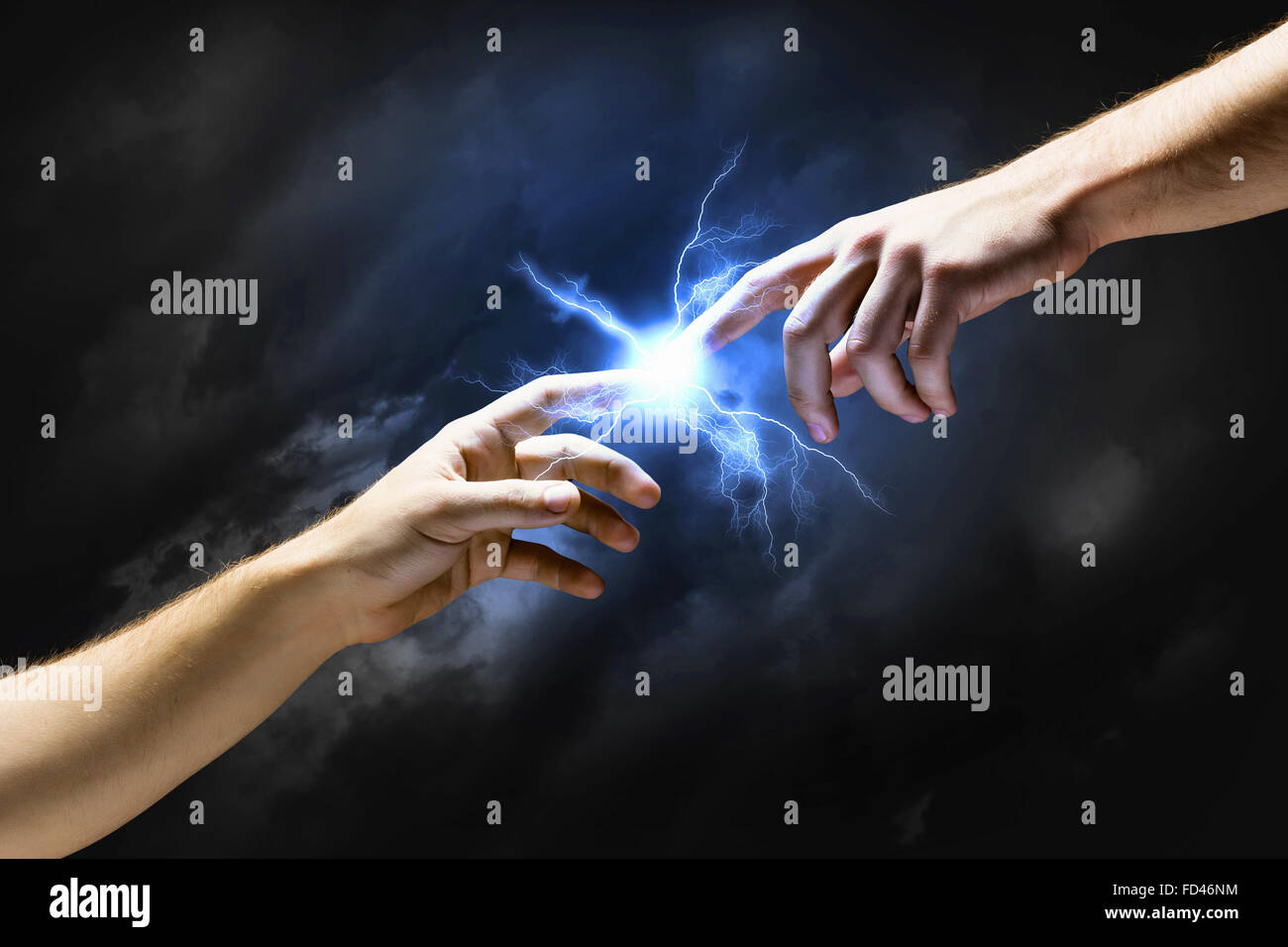 Michelangelo God's touch. Close up of human hands touching with fingers ...