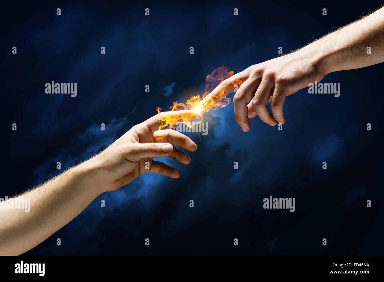 Michelangelo God's touch. Close up of human hands touching with fingers ...