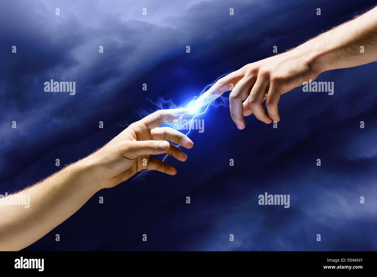 Michelangelo God's touch. Close up of human hands touching with fingers ...