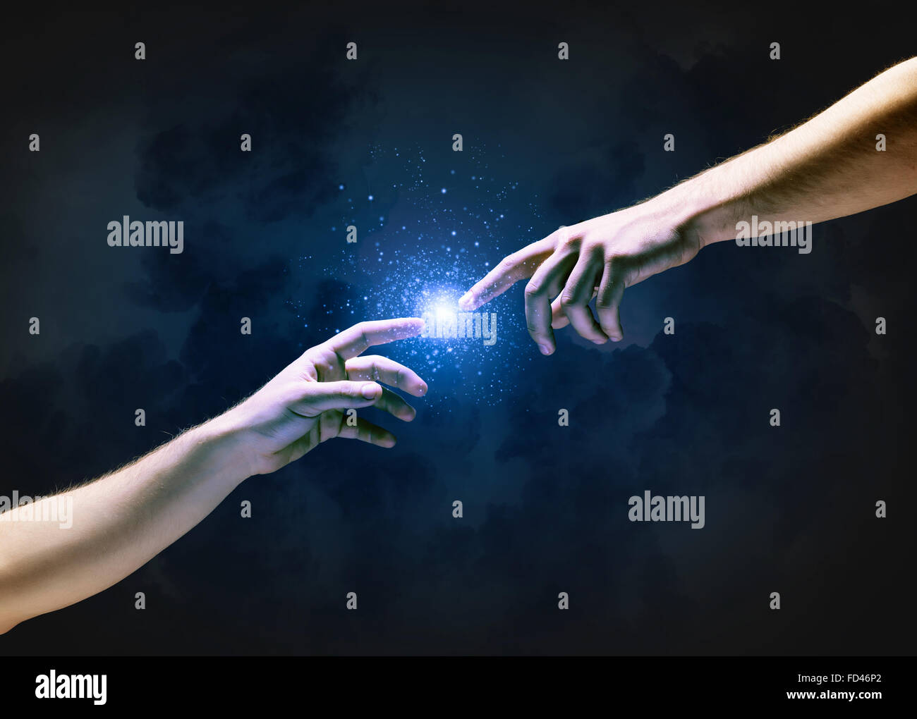 Michelangelo God's touch. Close up of human hands touching with fingers ...