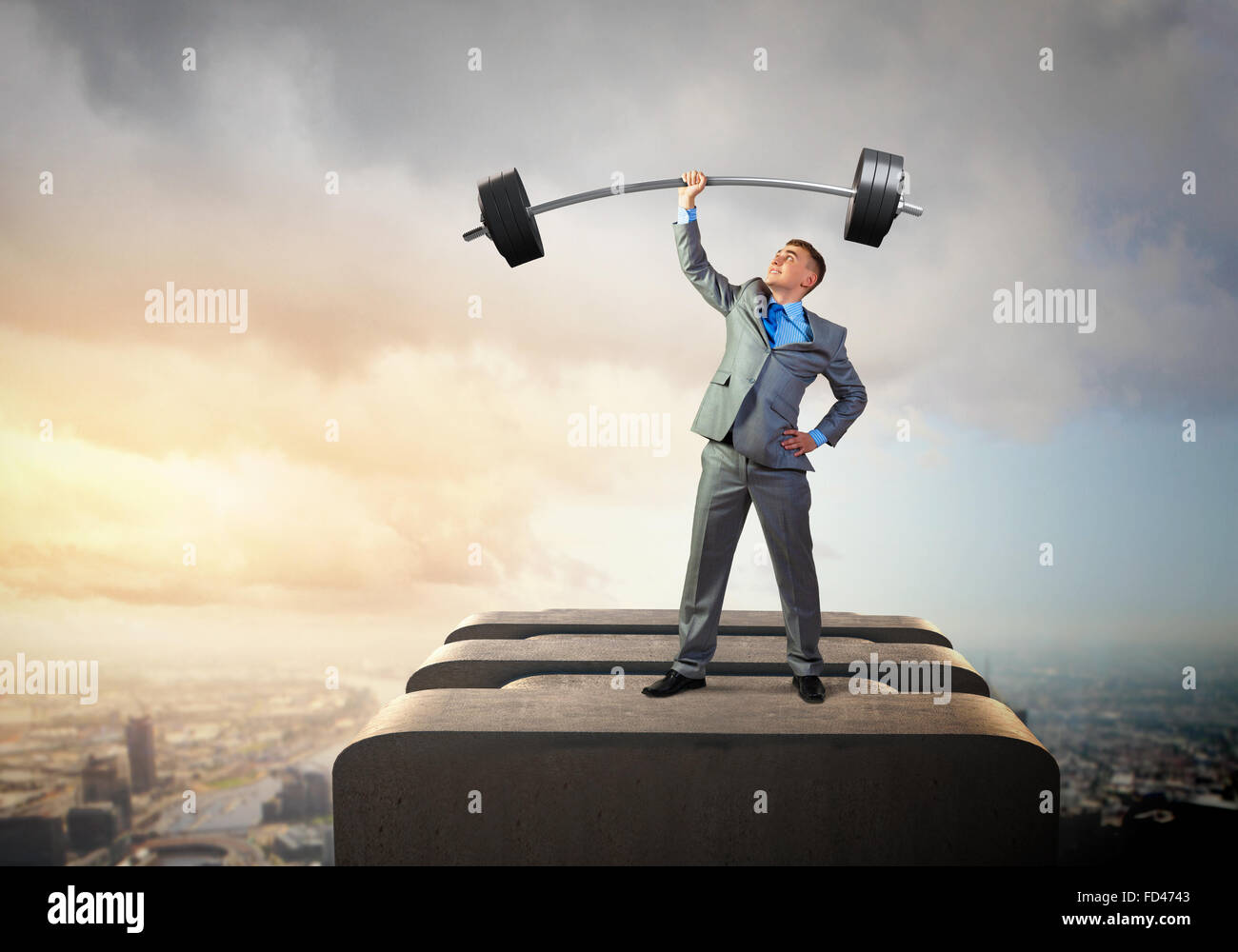Image of strong businessman lifting barbell above head with one hand ...