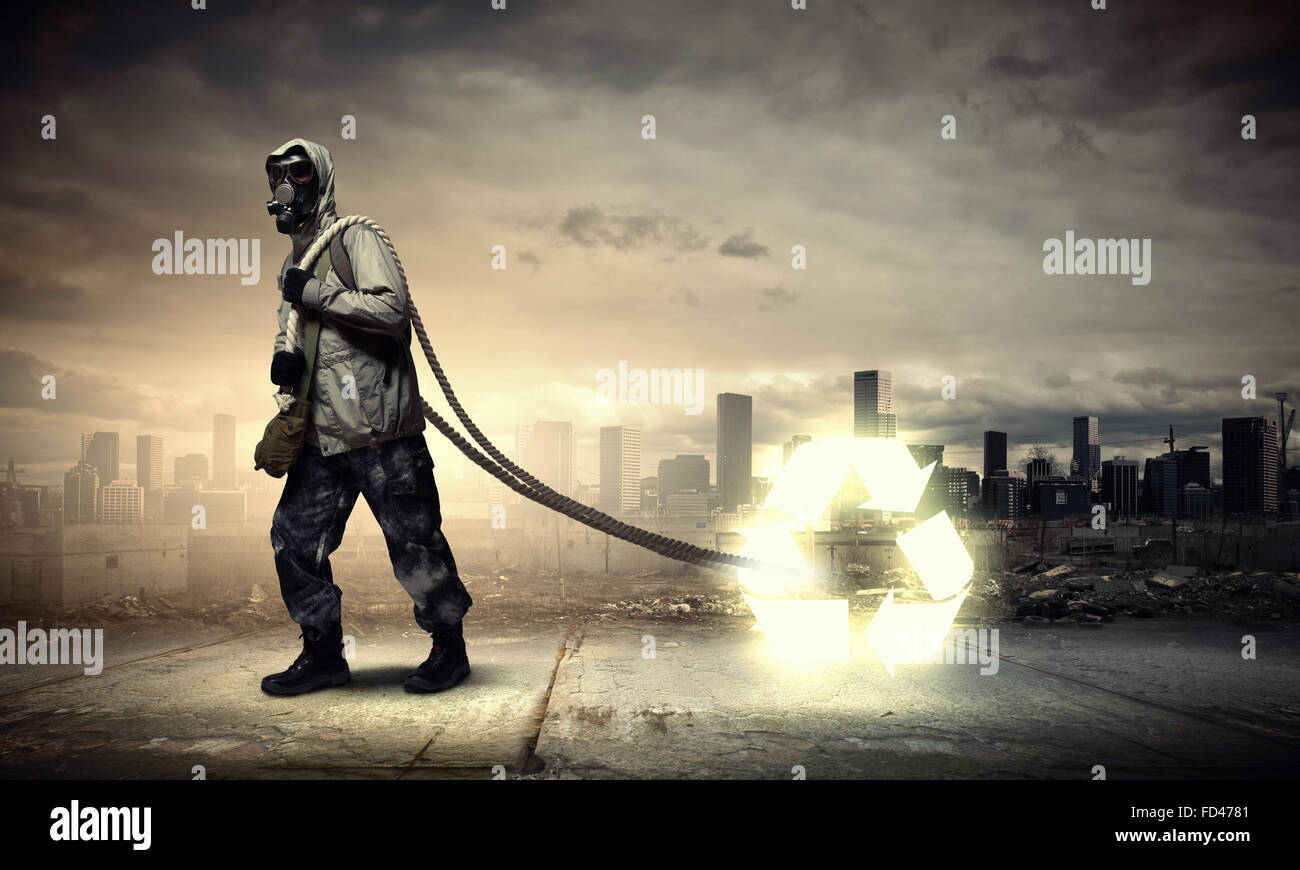 Stalker against nuclear background. Disaster and pollution. Recycle ...