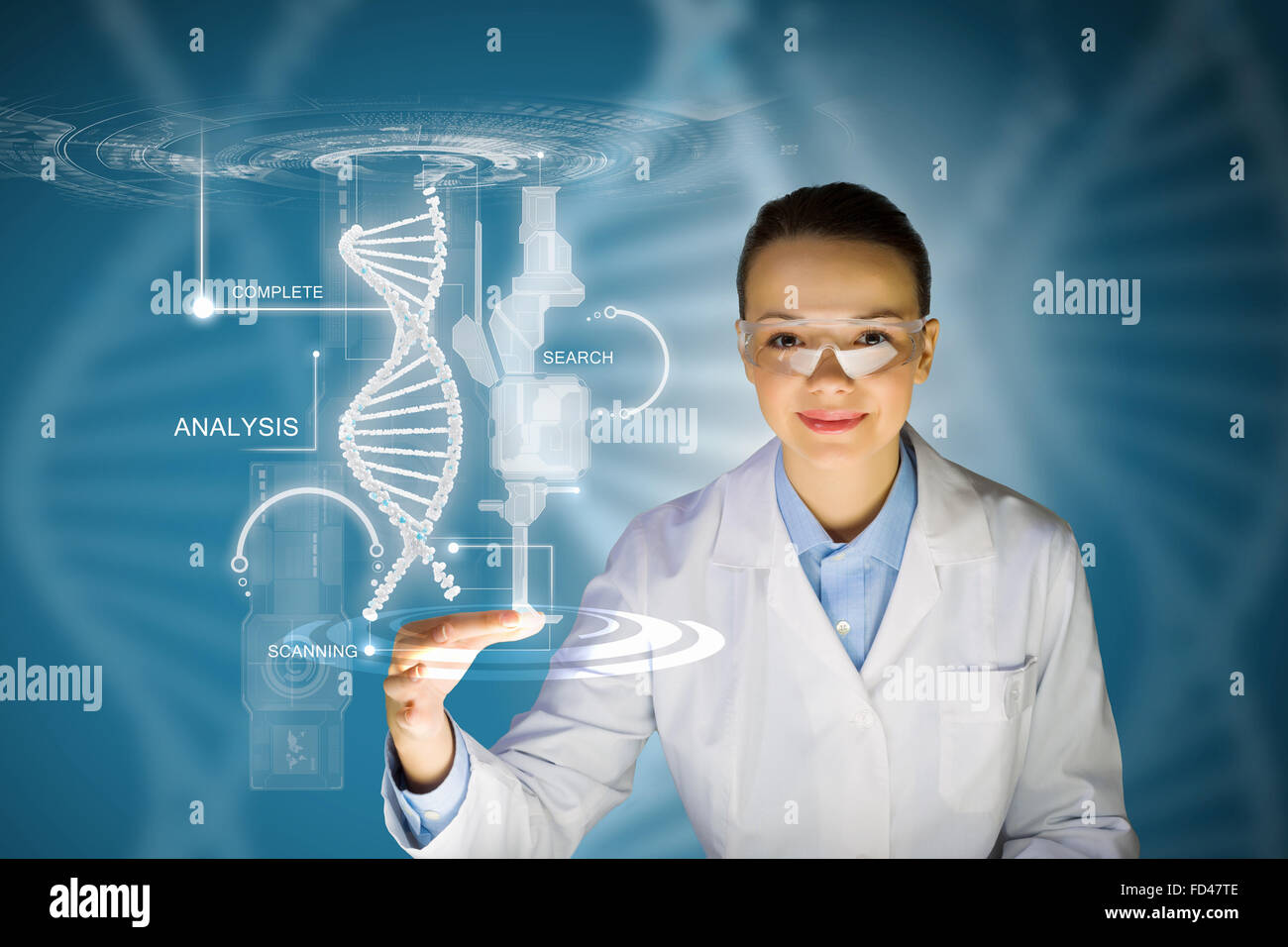 Woman scientist touching DNA molecule image at media screen Stock Photo ...
