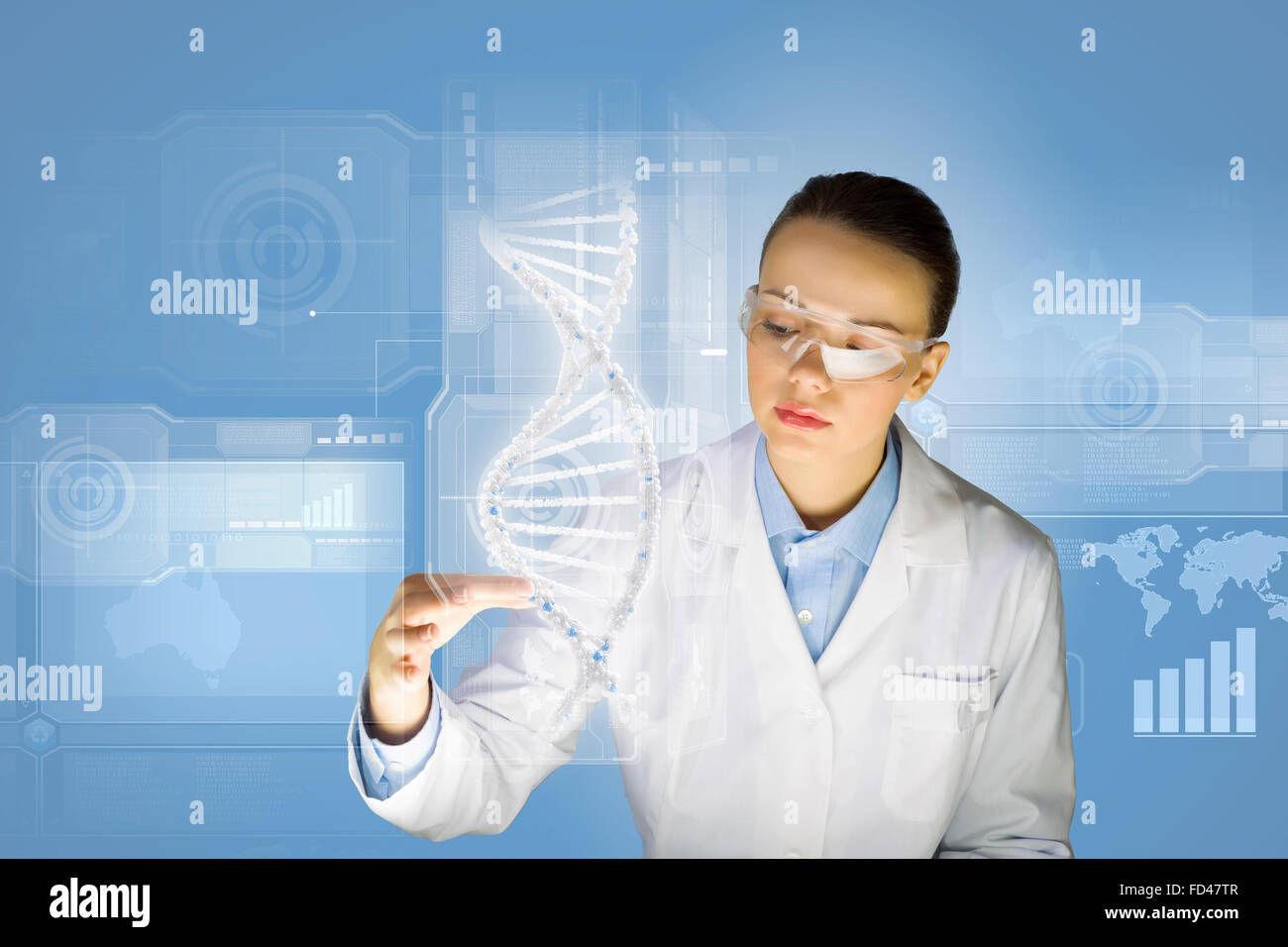 Woman scientist touching DNA molecule image at media screen Stock Photo ...