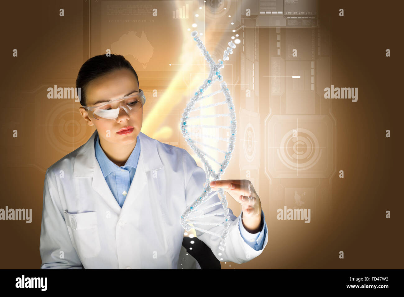 Woman scientist touching dna molecule image at media screen hi-res ...