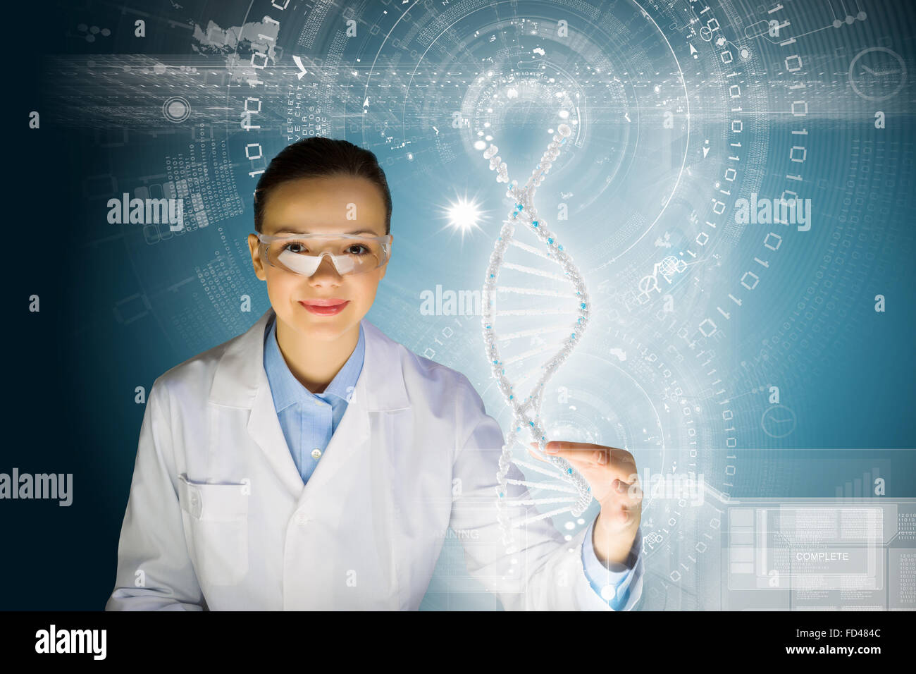 Woman scientist touching dna molecule image at media screen hi-res ...