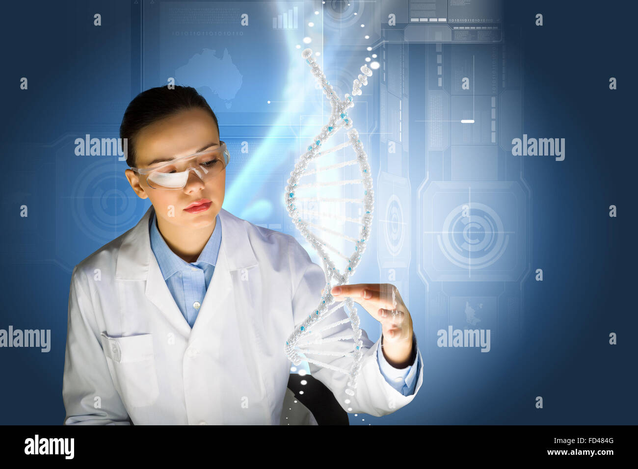 Woman scientist touching dna molecule image at media screen hi-res ...