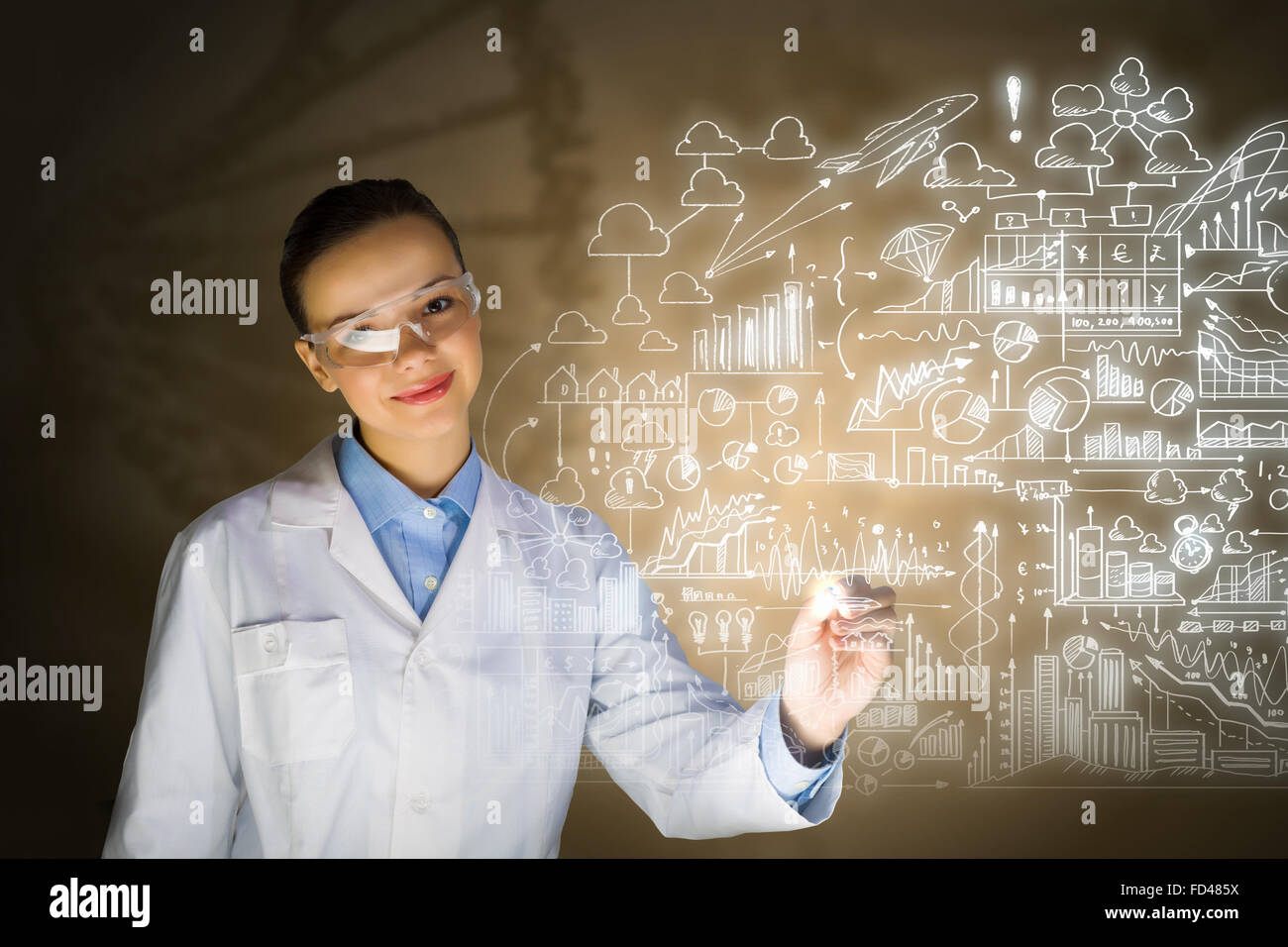 Young woman researcher in medical uniform drawing chemistry formulas ...