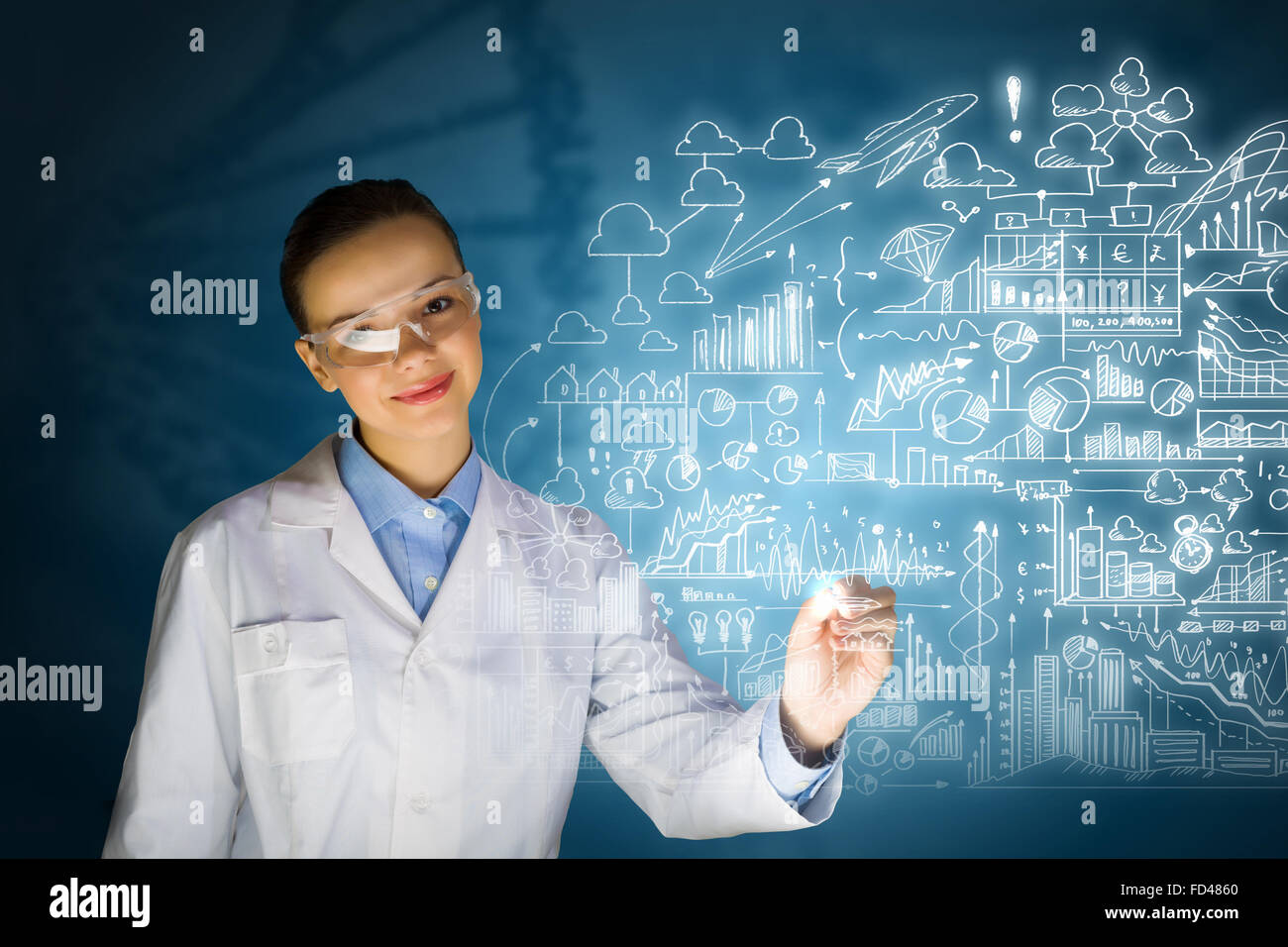 Young woman researcher in medical uniform drawing chemistry formulas ...
