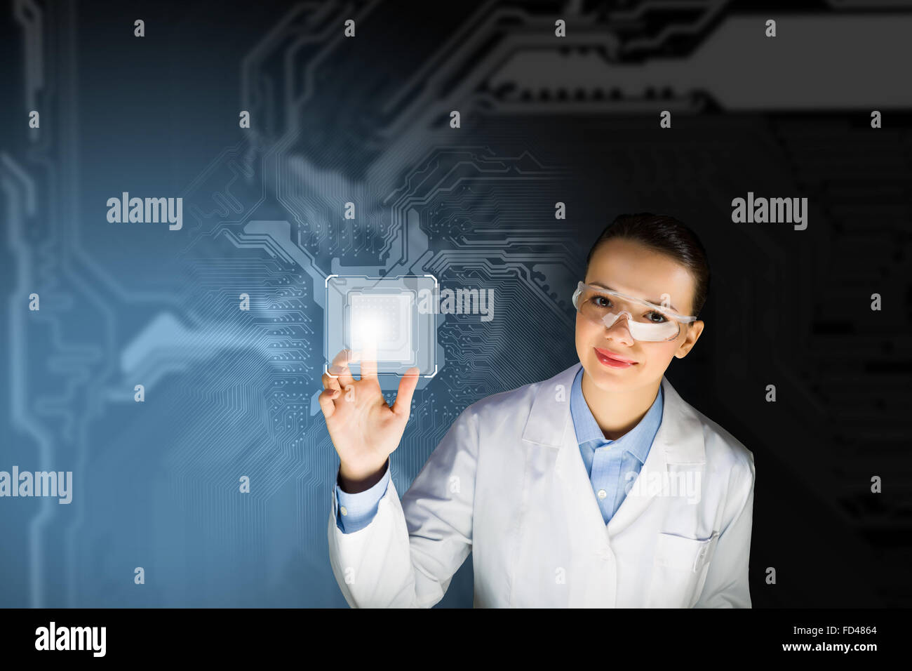 Image of young woman scientist touching icon of media screen Stock ...