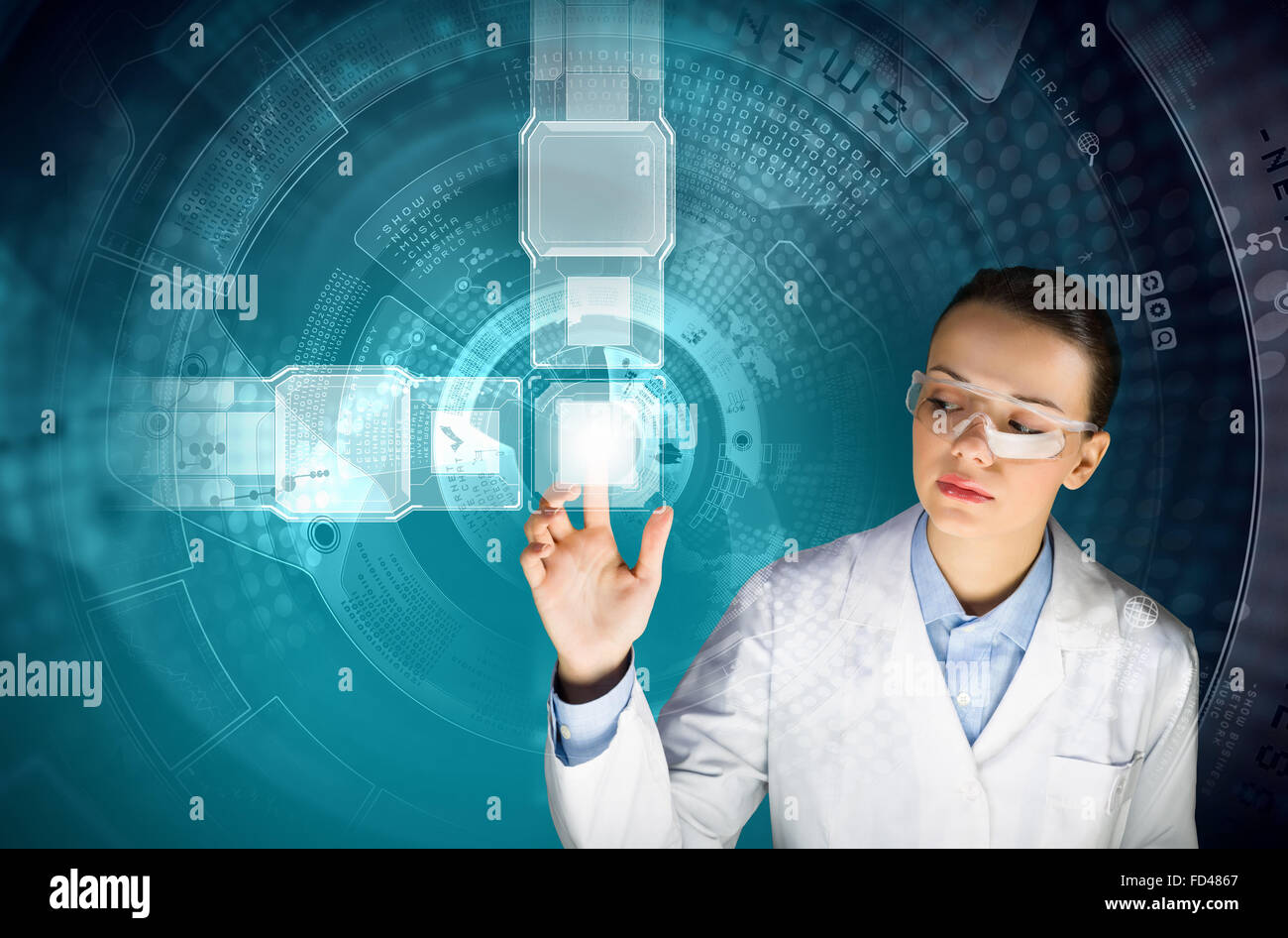 Image of young woman scientist touching icon of media screen Stock ...