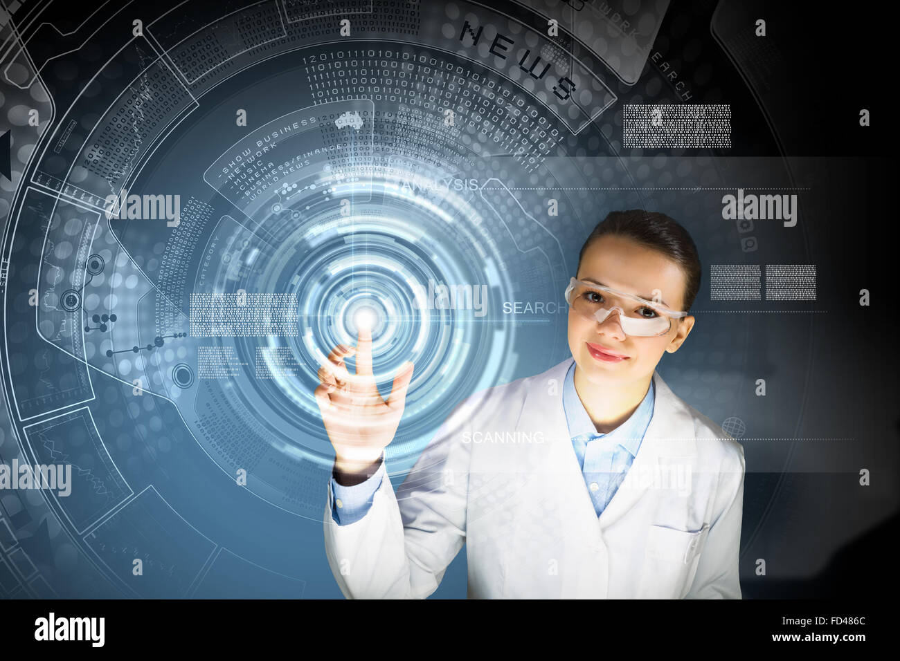Image of young woman scientist touching icon of media screen Stock ...
