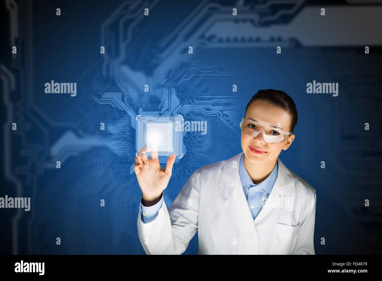 Image of young woman scientist touching icon of media screen Stock ...