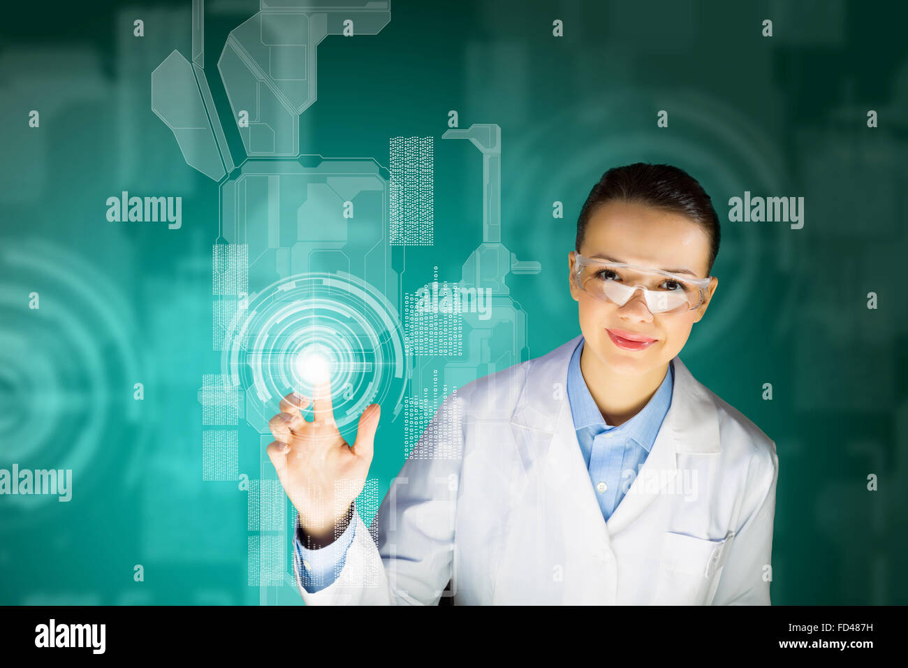 Image of young woman scientist touching icon of media screen Stock ...
