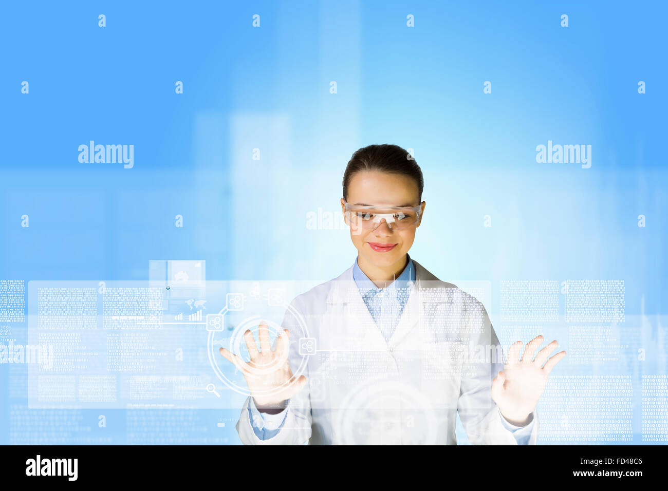 Image of young woman scientist touching icon of media screen Stock ...