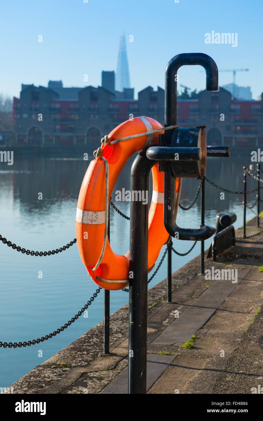 London Docks East End Wapping Shadwell Basin Entrance life buoy water ...